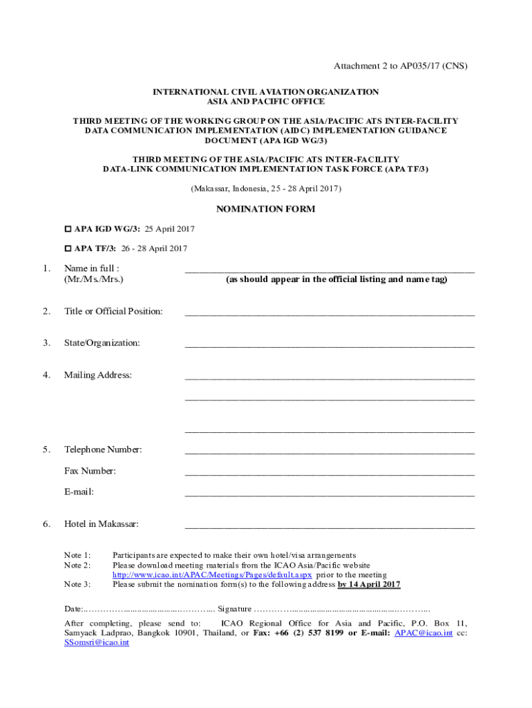 Fillable Online Attachment 2 to AP035/17 (CNS) NOMINATION FORM ...