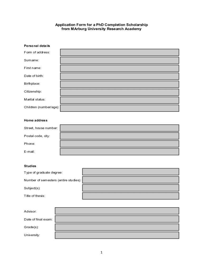Fillable Online 1 Application Form for a PhD Completion Scholarship ...