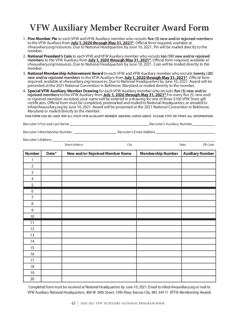 Fillable Online Michigan Department VFW Auxiliary Membership Guide ...