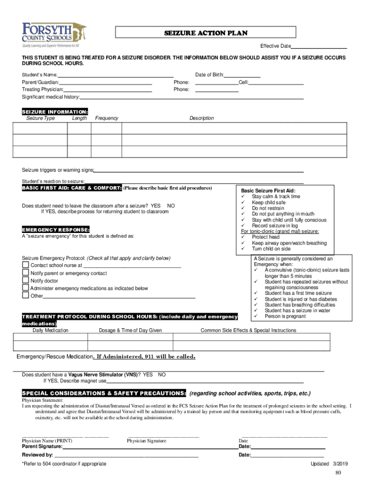 Fillable Online Seizure Action Plan Effective Date - Iowa Department of ...