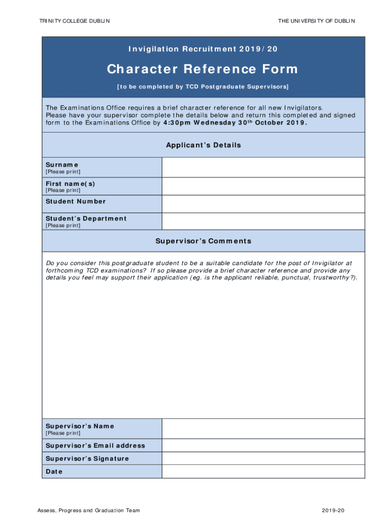 Fillable Online Character Reference Form - Trinity College Dublin Fax ...
