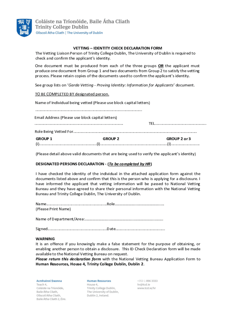 Fillable Online VETTING IDENTITY CHECK DECLARATION FORM OR Fax Email ...