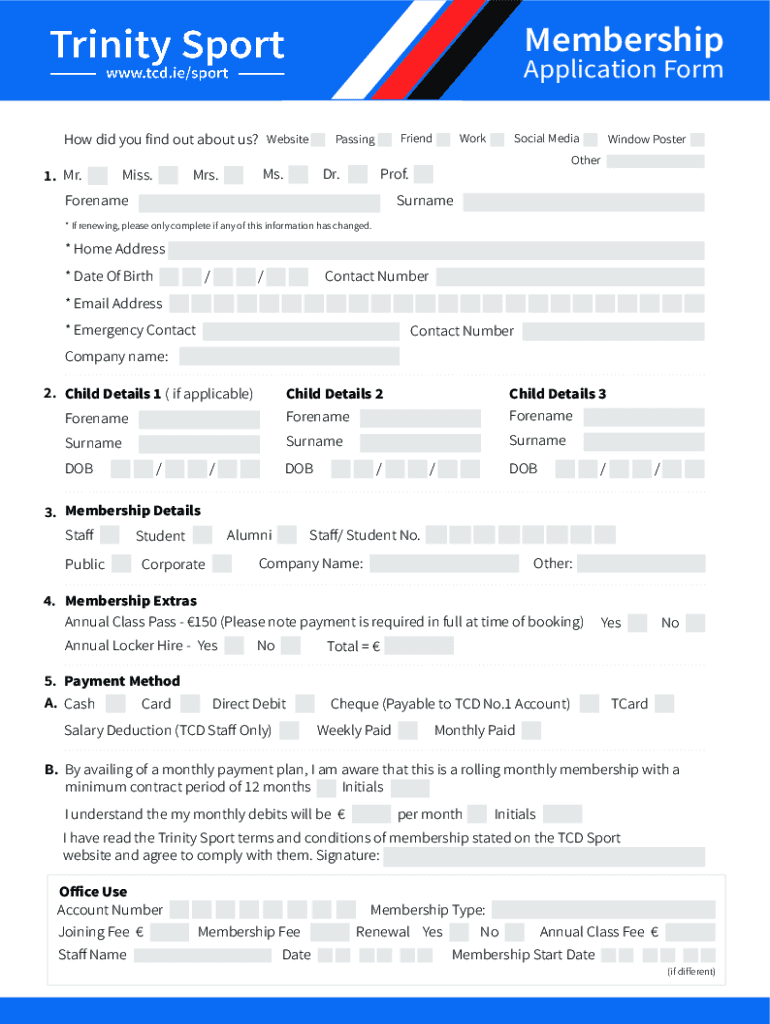 Fillable Online Department of Sport Sports Centre Trinity College ...