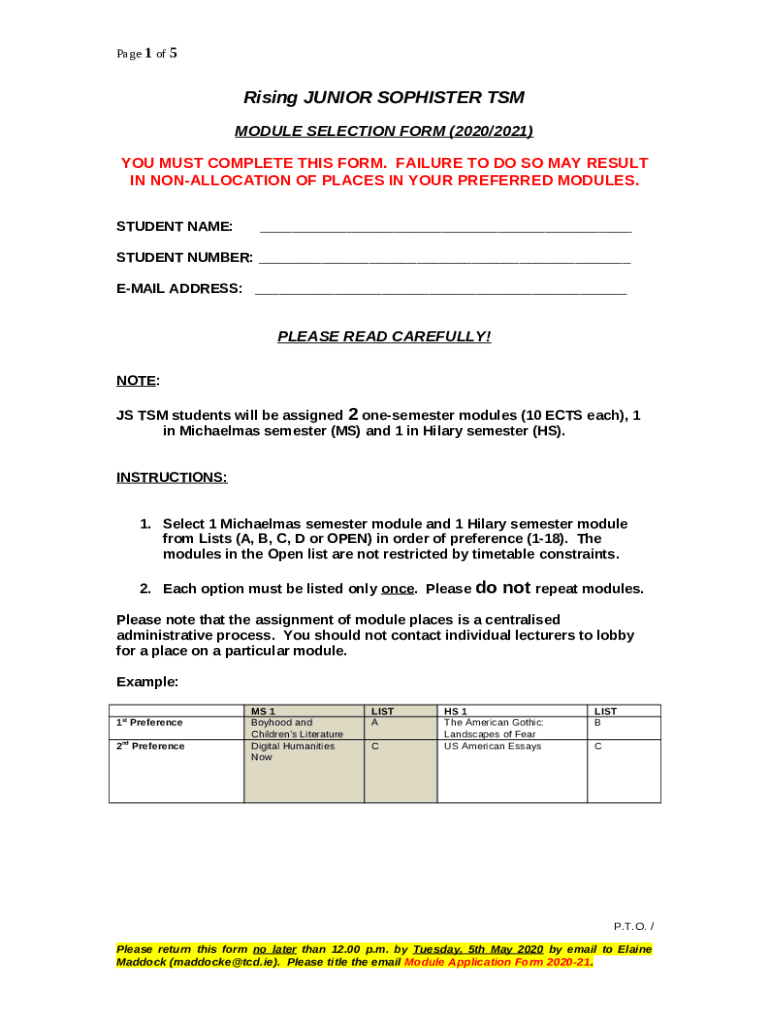 MODULE SELECTION (2020/2021) Doc Template | pdfFiller
