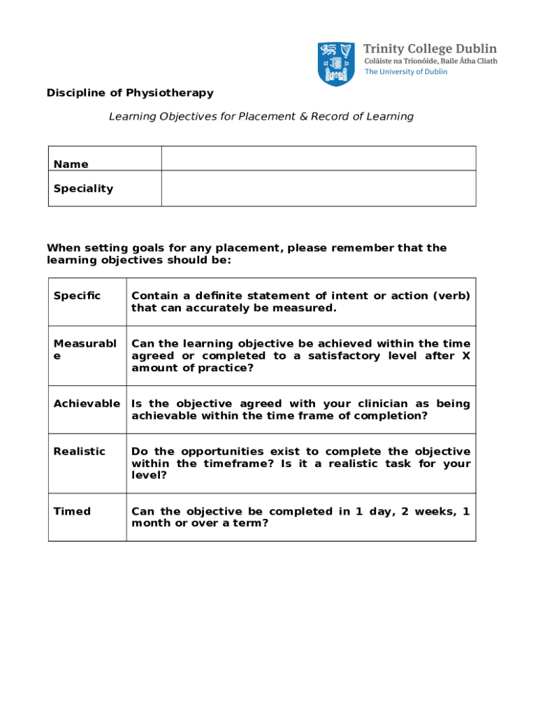 Learning Objectives for Placement & Record of Learning Doc Template ...
