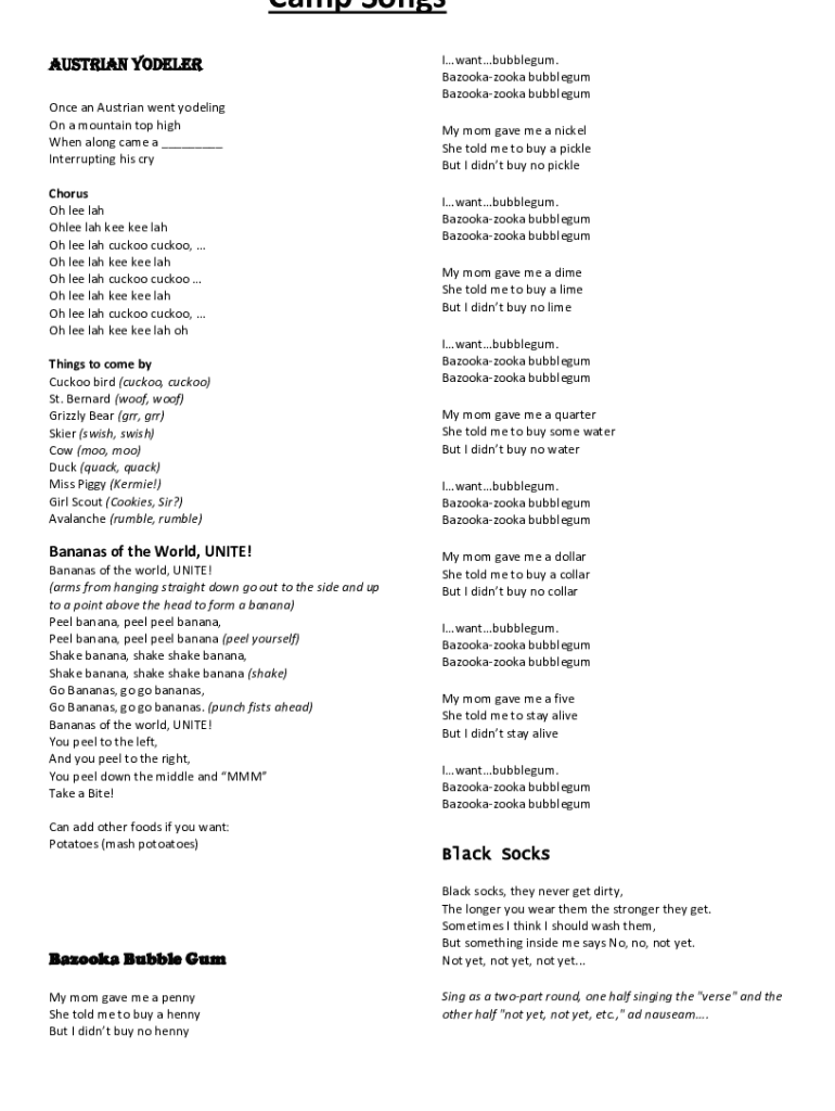 Once An Austrian Went Yodeling Lyrics - Fill Online, Printable ...