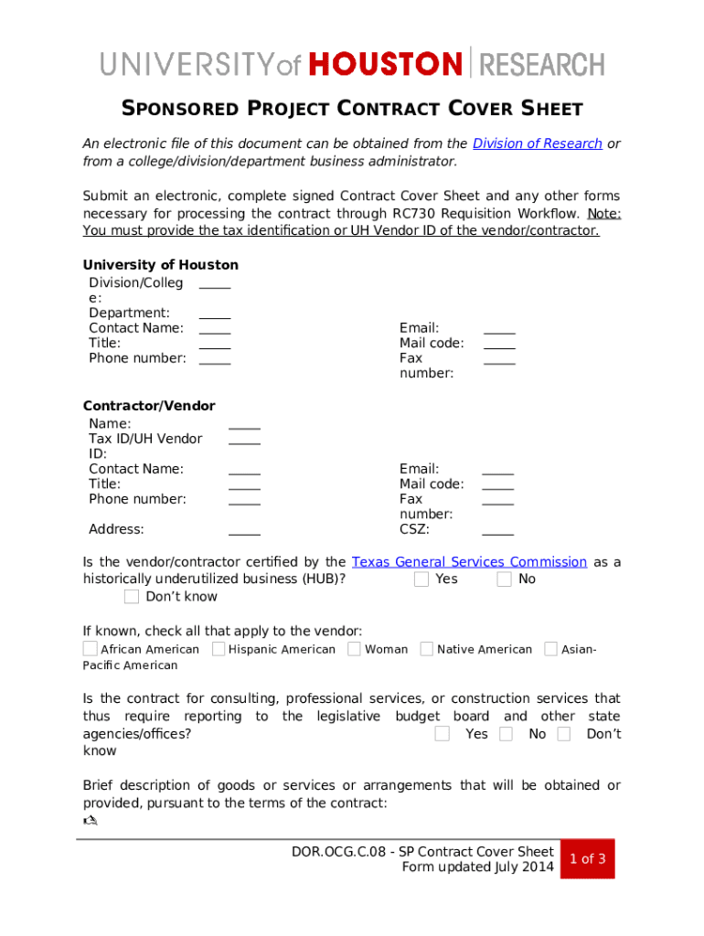 Sponsored Projects Contract Cover Sheet (DOC) - University of ... Doc ...