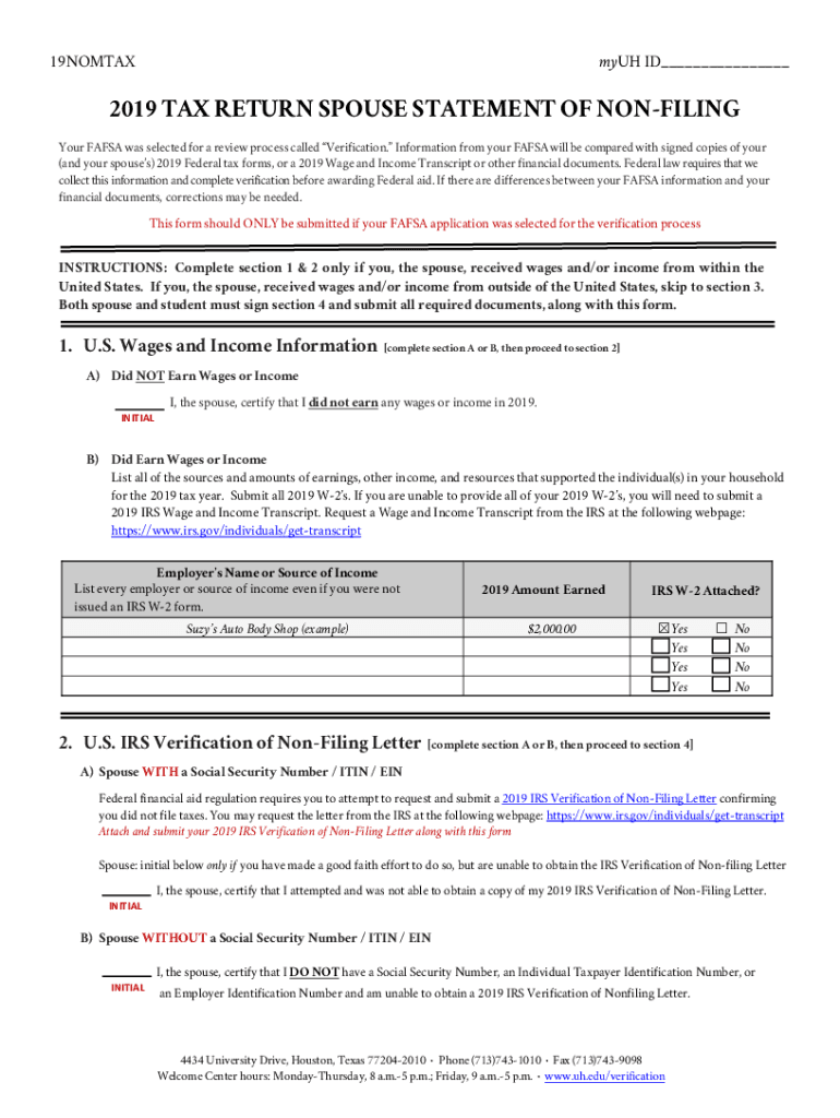 Fillable Online Spouse 2019 Tax Non-Filer Form - University of Houston Fax Email Print - pdfFiller