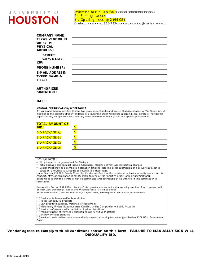 ITB Template 12/11/19 - University of Houston Doc Template | pdfFiller