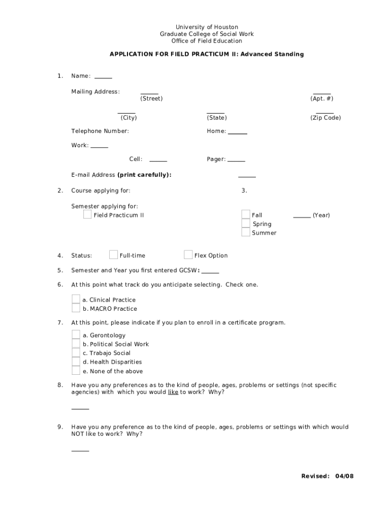 APPLICATION FOR FIELD PRACTICUM II: Advanced Standing - ssl uh Doc ...
