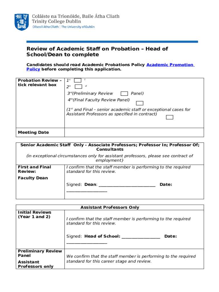 Review of Academic Staff on Probation - Trinity College Dublin Doc Template | pdfFiller