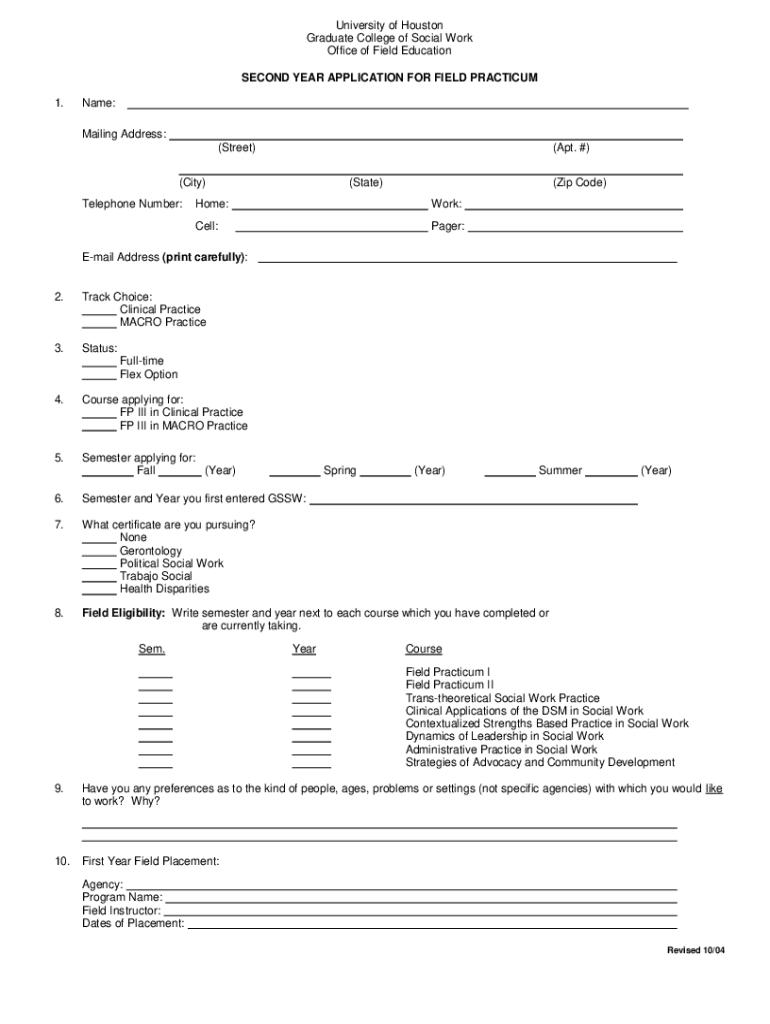 Fillable Online SECOND YEAR APPLICATION FOR FIELD PRACTICUM (print carefully) Fax Email Print ...