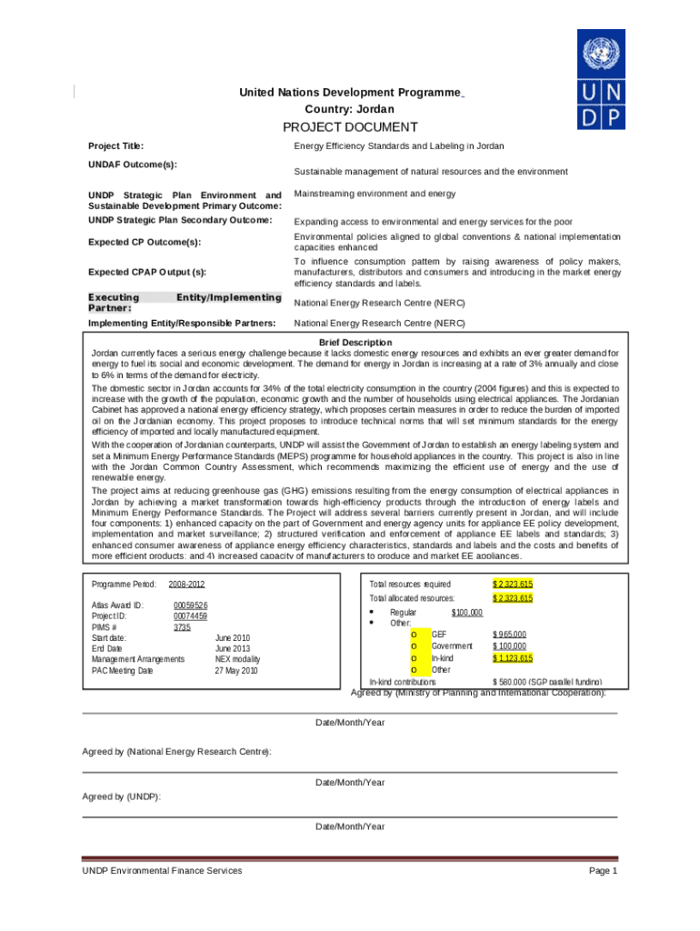 Energy efficiency standards labelling in Jordan - UNDP ProDoc - info undp Doc Template | pdfFiller