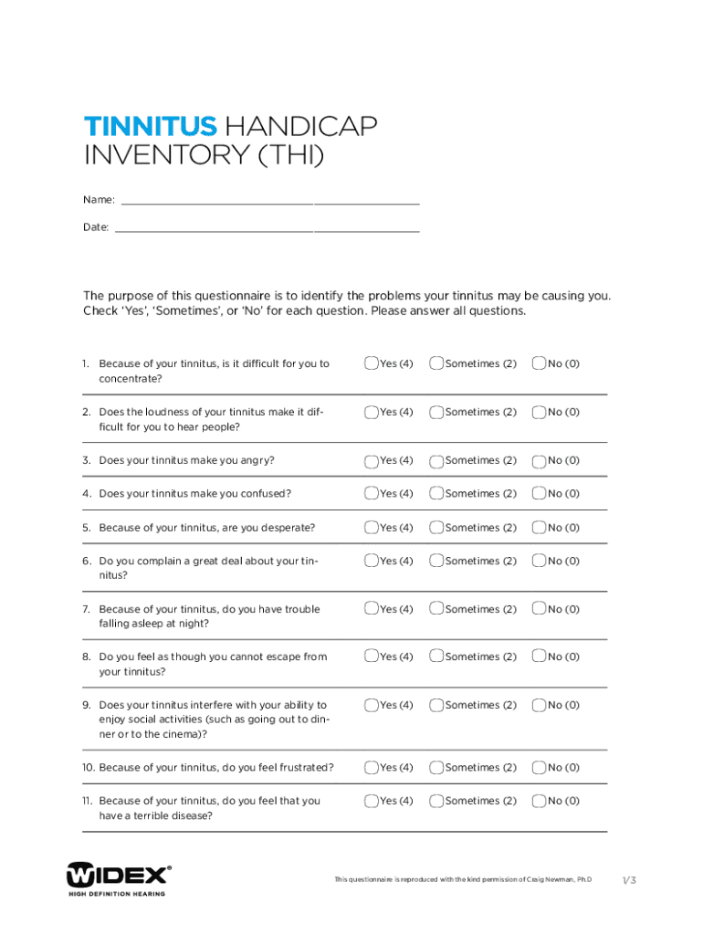 Fillable Online Tinnitus Handicap Inventory (article) - Arches Tinnitus ...