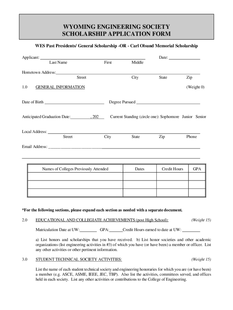 Fillable Online wyoming engineering society scholarship application form Fax Email Print - pdfFiller