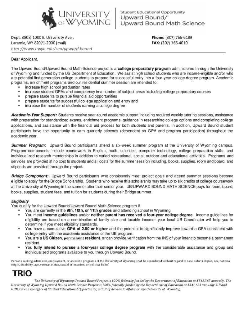 Fillable Online Upward Bound and Upward Bound Math-Science Programs ... Fax Email Print - pdfFiller