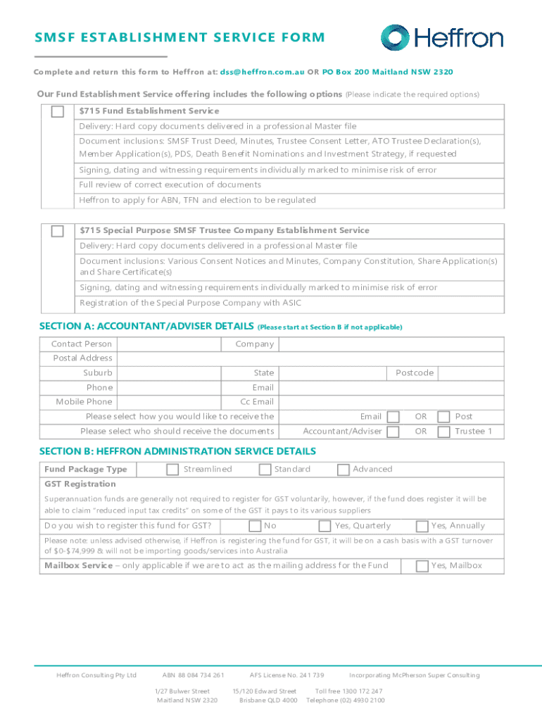 Fillable Online SMSF ESTABLISHMENT SERVICE FORM Fax Email Print - pdfFiller