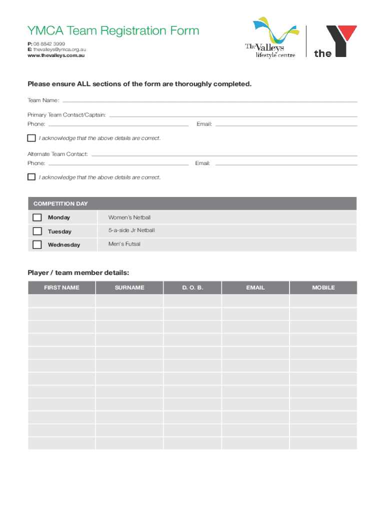 Fillable Online YMCA Team Registration Form Fax Email Print - pdfFiller