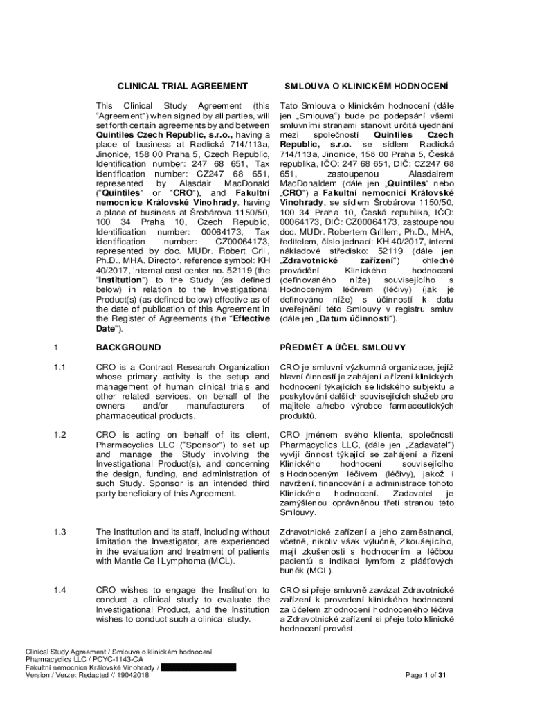 Fillable Online smlouvy gov This Clinical Study Agreement (this Fax ...