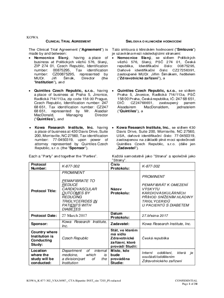 Fillable Online smlouvy gov KOWA The Clinical Trial Agreement (Agreement) is made by ... Fax ...