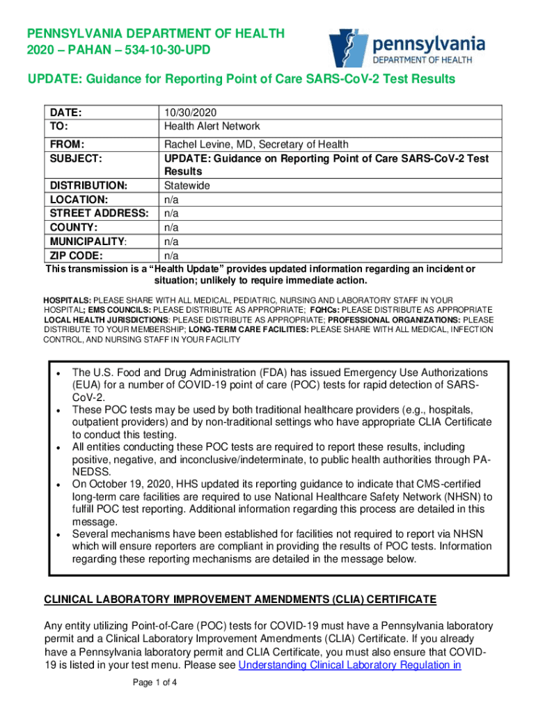 Fillable Online Update: Guidance for Reporting Point of Care SARS-CoV-2 ...
