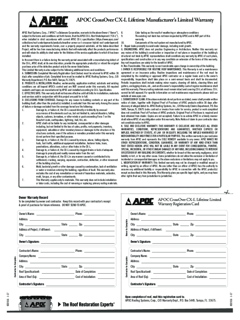 Fillable Online APOC Weather-Armor CROSSOVER CX-L Premium Hybrid Roof ...