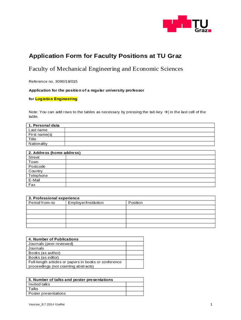 Application for Faculty Positions at TU Graz Doc Template | pdfFiller