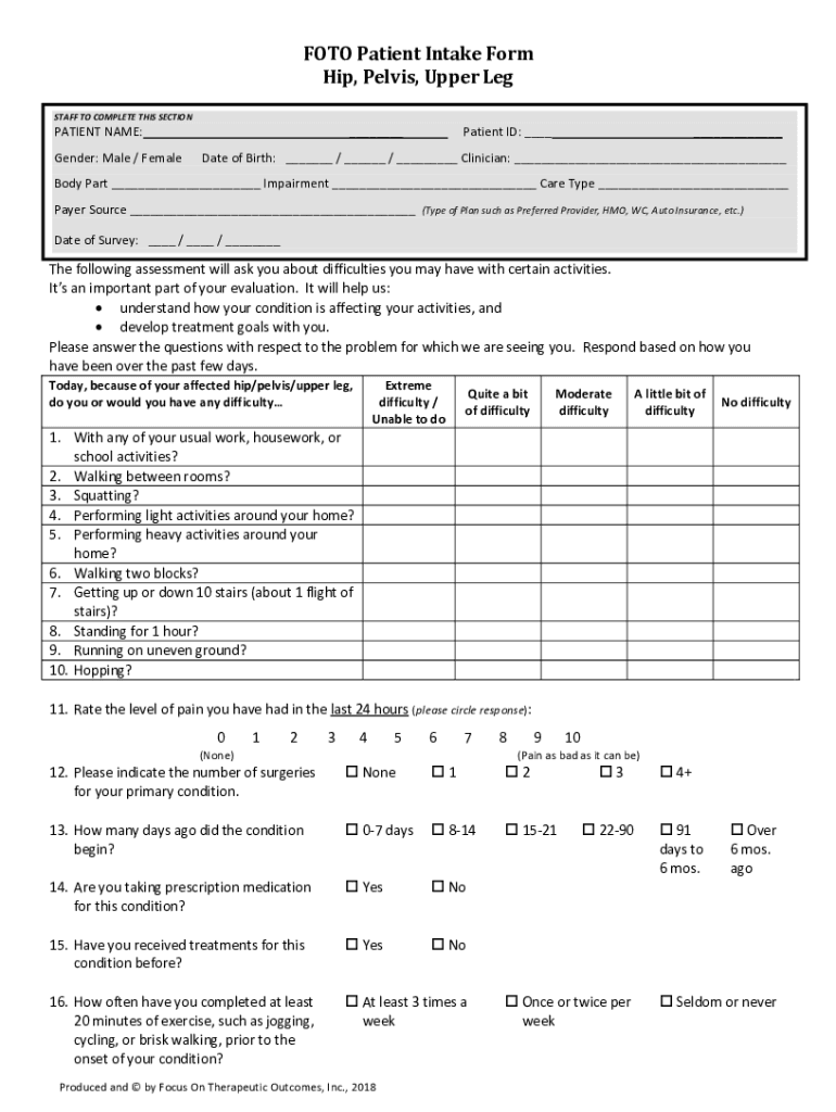 Fillable Online FOTO Patient Intake Form Hip, Pelvis, Upper Leg ...