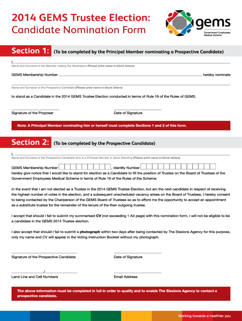 Fillable Online 2014 GEMS trustee election candidate nomination form ...