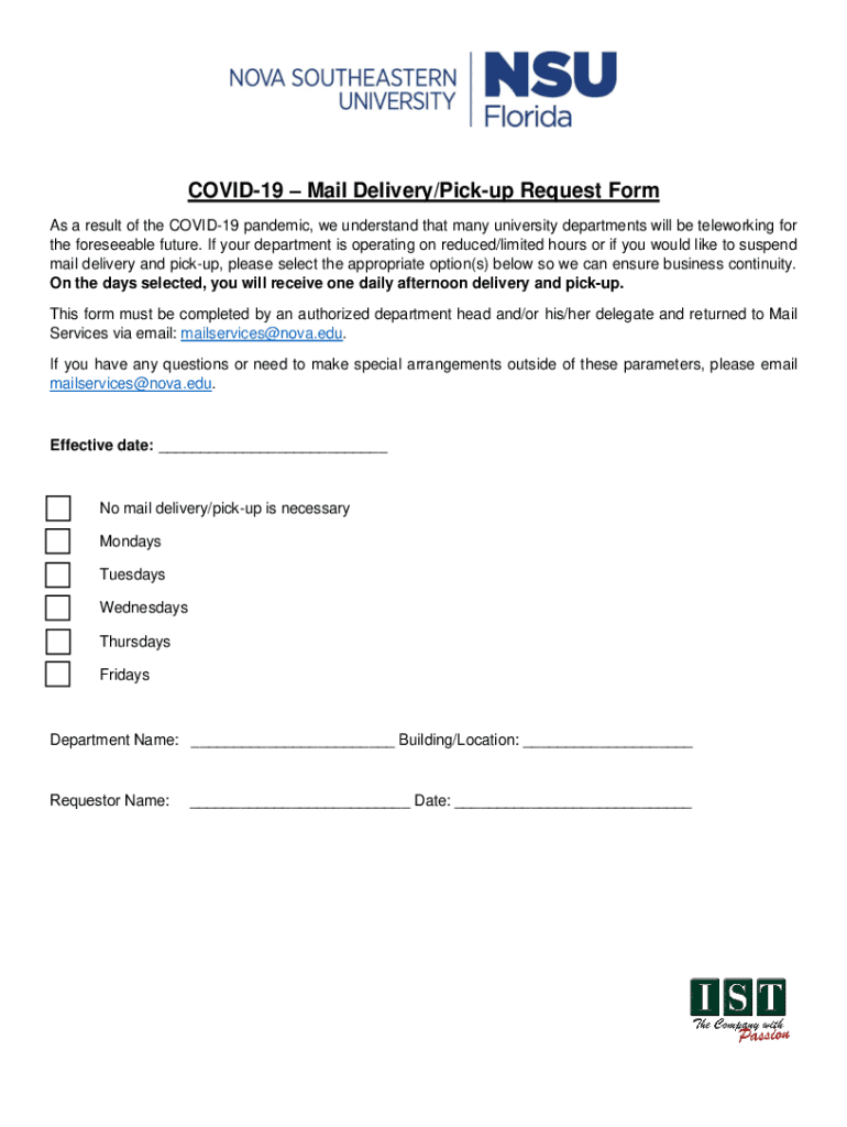 Fillable Online Mail Delivery/Pick-up Request Form - Nova Southeastern ...