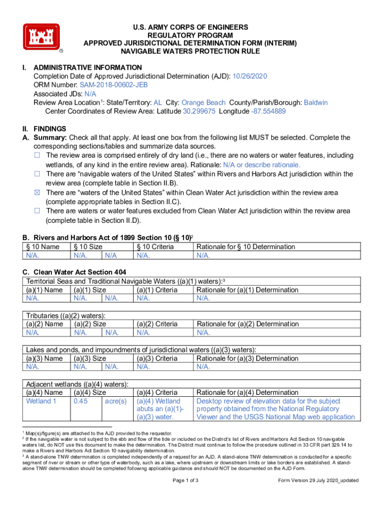 Fillable Online APPROVED JURISDICTIONAL DETERMINATION FORM (INTERIM ...