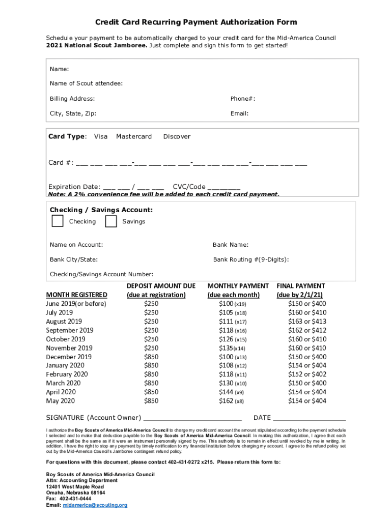 Fillable Online Credit Card Recurring Payment Authorization Form ...