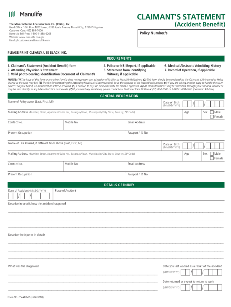 Fillable Online PDF Claimant's Statement (Accident Benefit) - Manulife ...