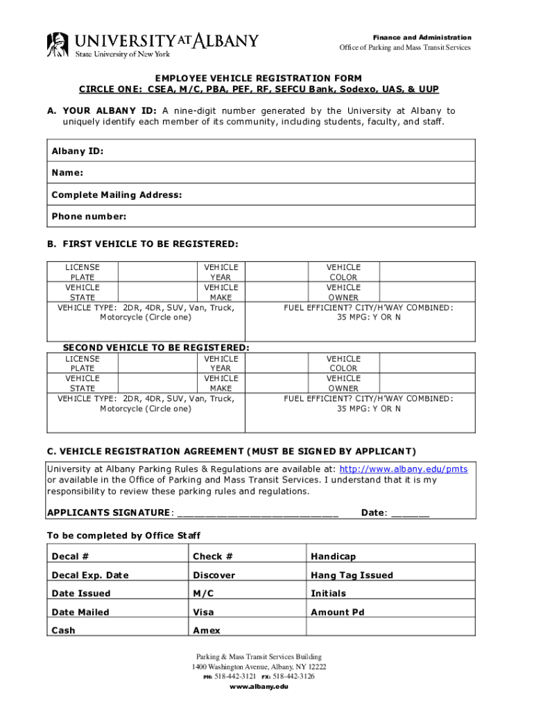 Fillable Online Employee Vehicle Registration Form - University at ...