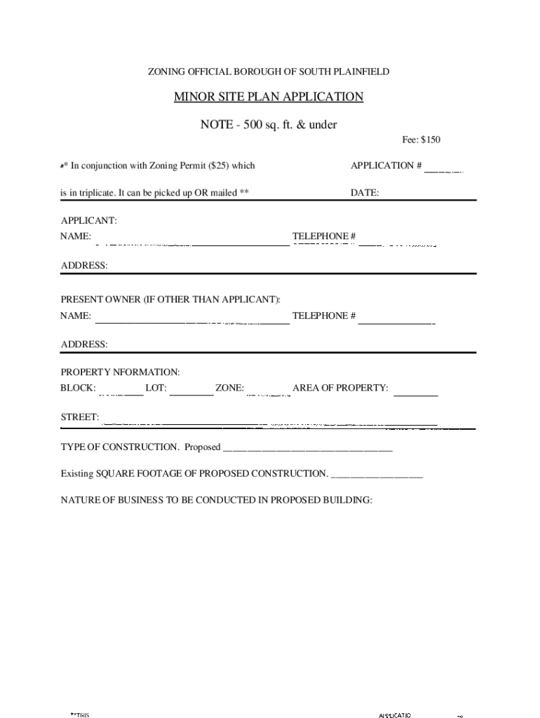 Fillable Online MINOR SITE PLAN APPLICATION NOTE 500 sq. ft. & under ...