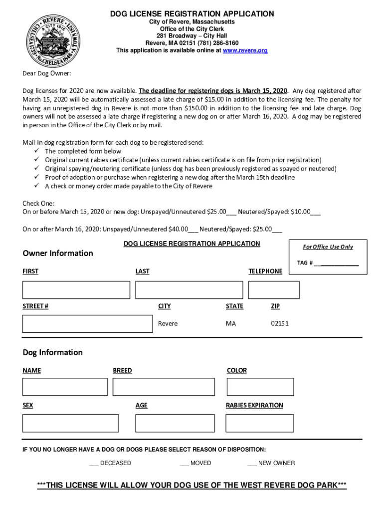 Fillable Online DOG LICENSE REGISTRATION APPLICATION - City of Revere ...