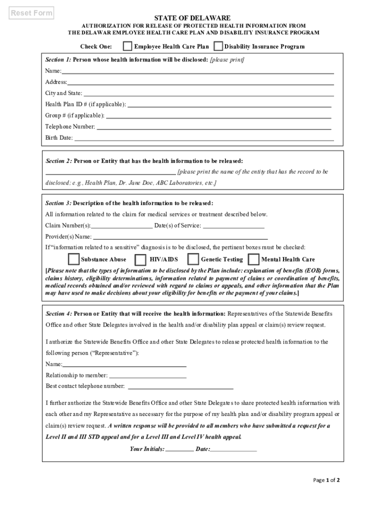 2020-2026 DE Authorization for Release of Protected Health Information Fill Online, Printable ...