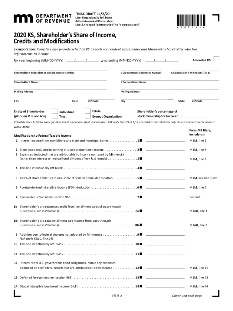 Fillable Online 2020 S Corporation Return - Minnesota Department of ...