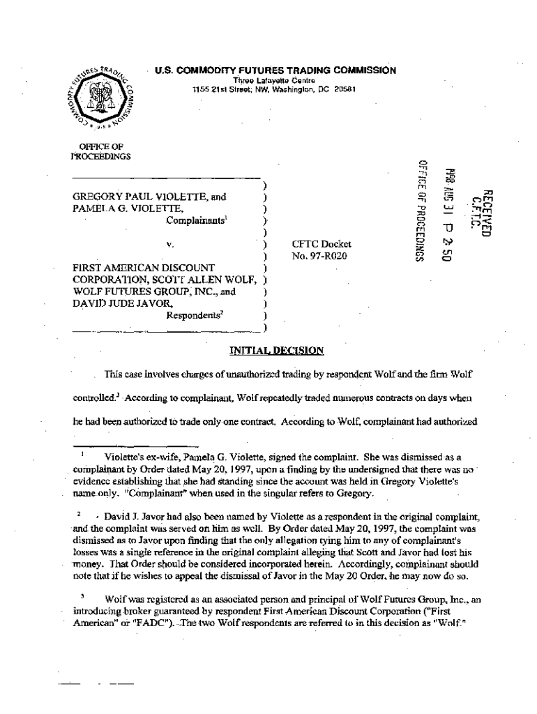 Fillable Online Gregory Paul Violette, and Pamela G. Violette v. First ...