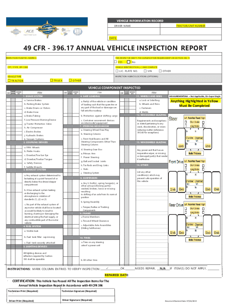 Fillable Online DATE: 49 CFR - 396.17 ANNUAL VEHICLE INSPECTION REPORT ...