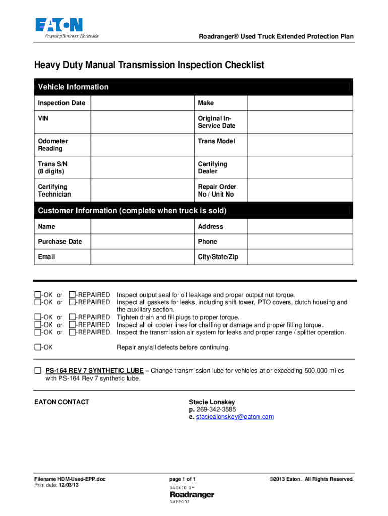 Fillable Online Heavy Duty Manual Transmission Inspection Checklist Fax ...