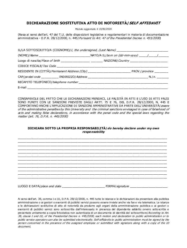 Fillable Online dichiarazione sostitutiva atto di notoriet/self ...