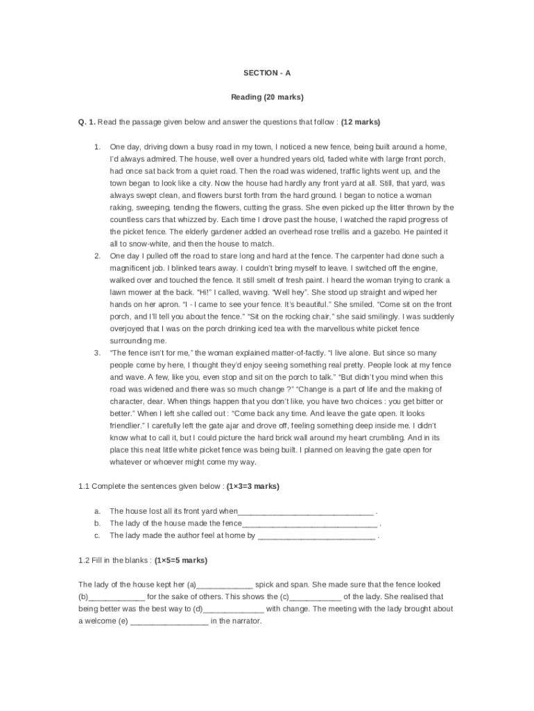 Unseen Passage For Class 10 English Reading Skills Doc Template PdfFiller