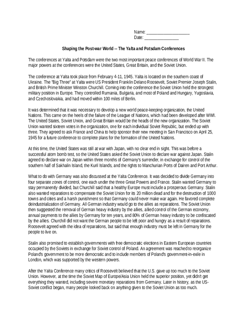 Shaping the Post-war World -- The Yalta and Potsdam Conferences Doc ...
