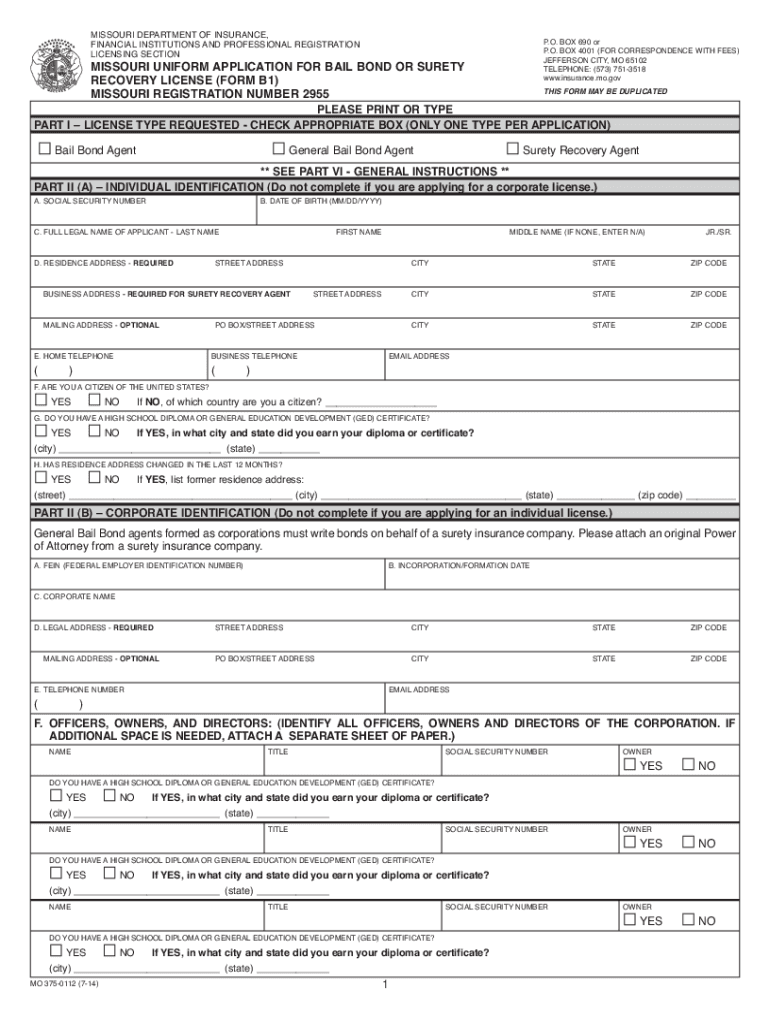 Fillable Online insurance mo bail bond / surety recovery agent ...