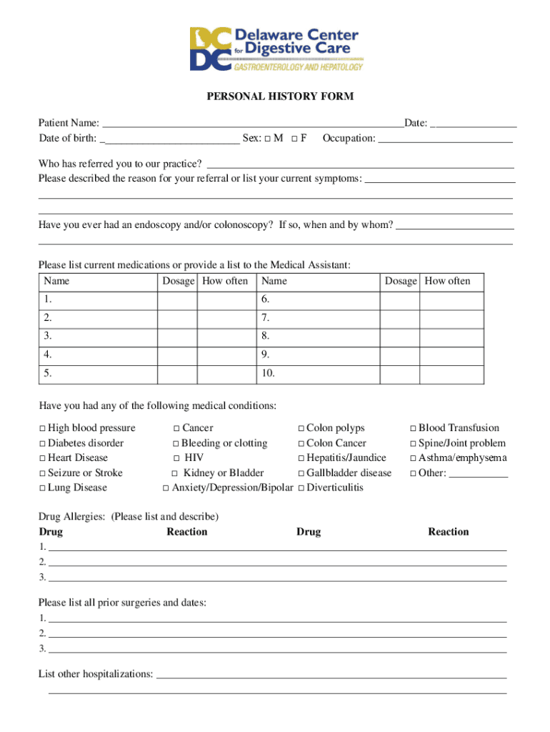 Fillable Online PERSONAL HISTORY FORM - Delaware Center for Digestive Care Fax Email Print ...