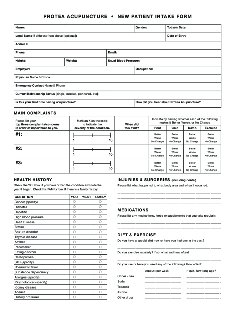 Fillable Online PR O T EA ACUP UNCT URE NEW PATIENT INTA KE FORM Fax ...