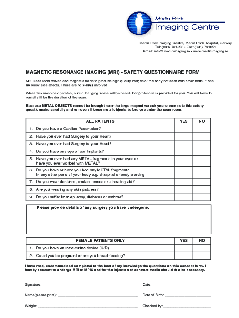 MRI Safety Questionnaire Form - Blank Fillable Template | Fill Out ...