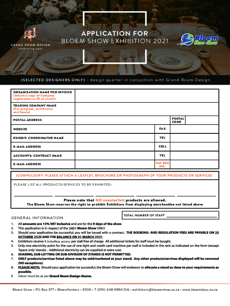 Fillable Online Application Form Bloem Show 2021 Grand Room Design Fax ...