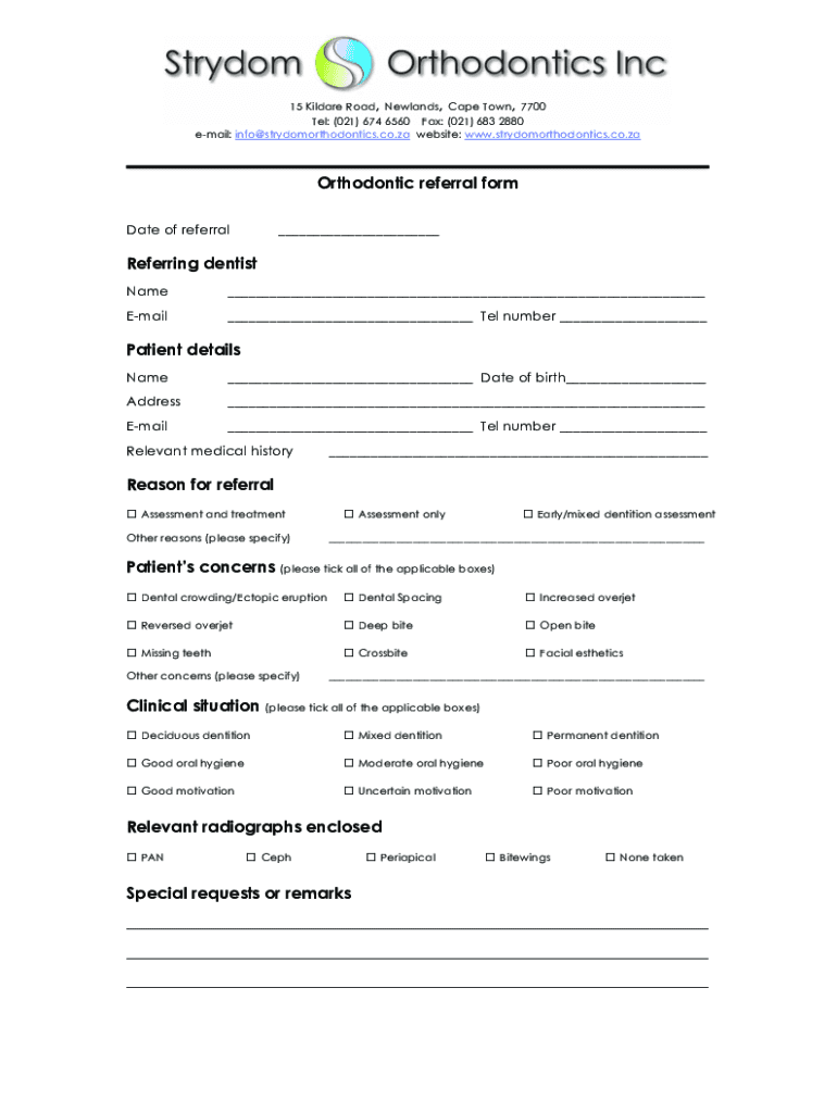 Fillable Online Orthodontic referral form - Orthodontist Cape Town Fax ...